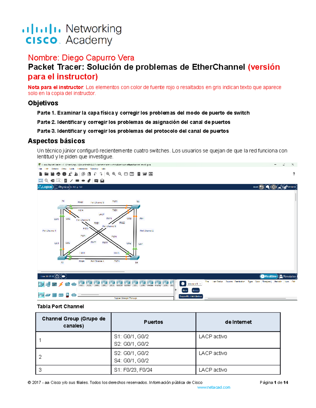 6.3.4 Packet Tracer - Troubleshoot Ether Channel - ILM - Nombre: Diego ...