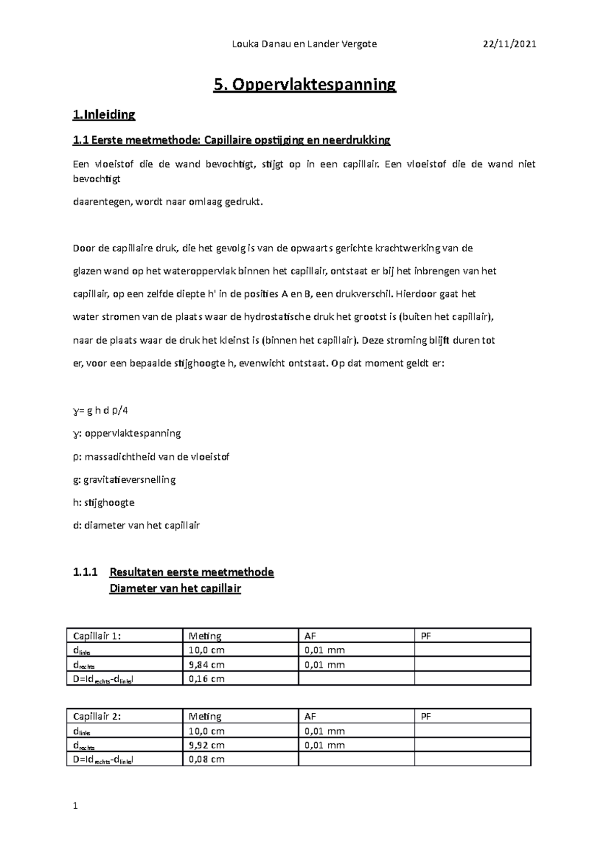 LABO Fysica 5 - 5. Oppervlaktespanning 1 1 Eerste meetmethode ...