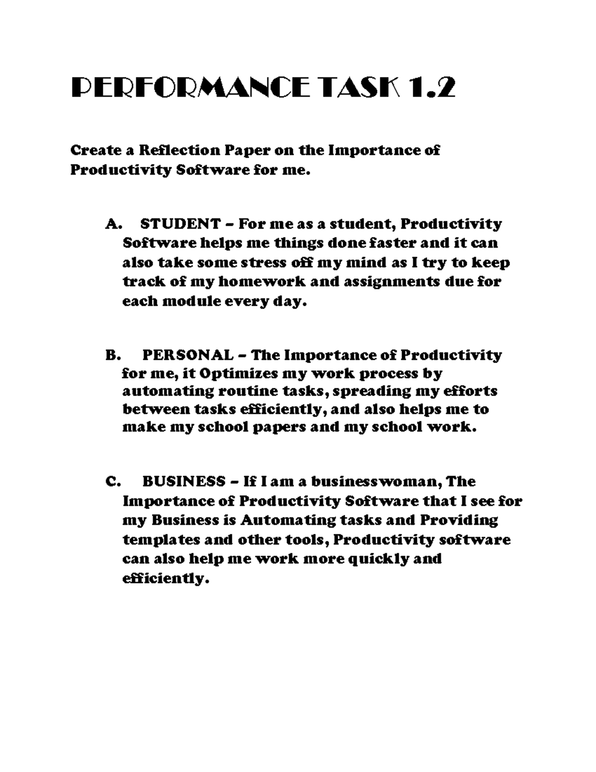 Performance TASK 1 - PERFORMANCE TASK 1. 2 Create a Reflection Paper on ...