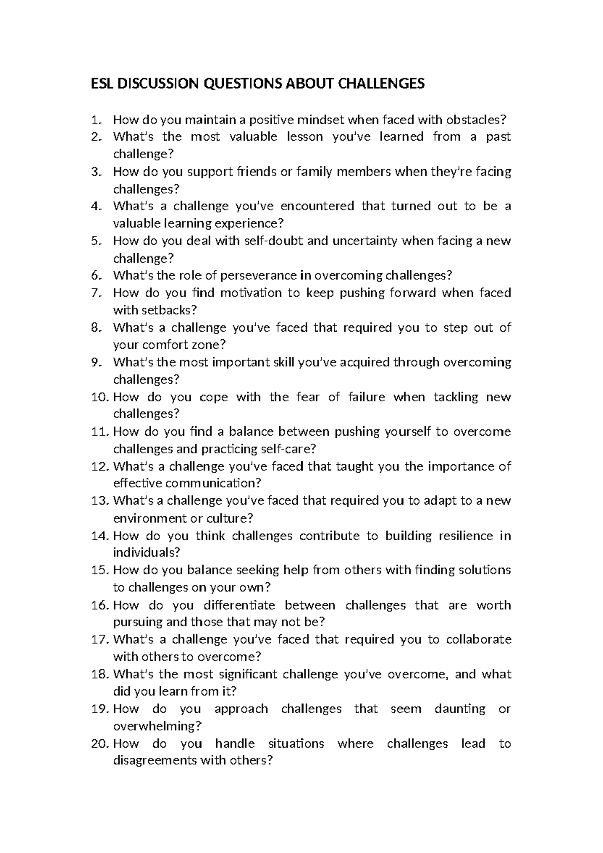 ESL Discussion Questions About Challenges - ESL DISCUSSION QUESTIONS ...