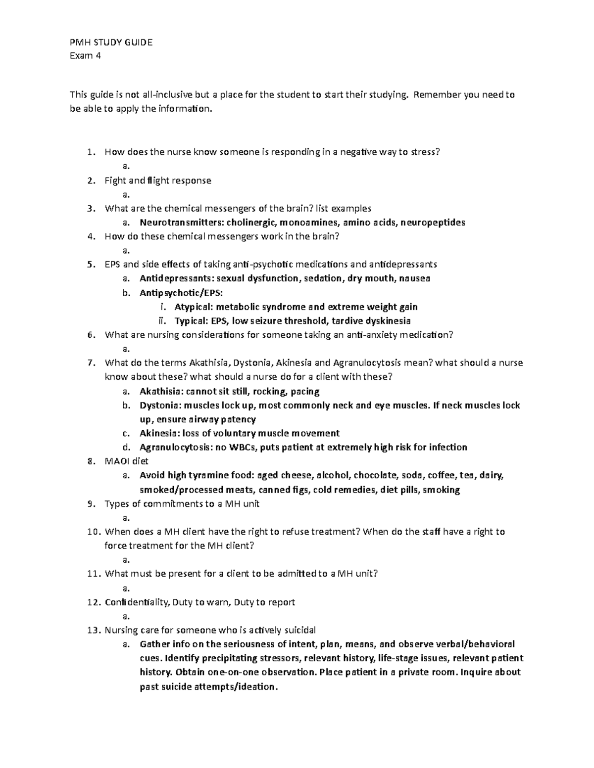 Psychiatric nursing final study guide - PMH STUDY GUIDE Exam 4 This ...