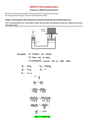EGB322 Thermodynamics - Tutorial 1 Solutions - EGB322 Thermodynamics Tutorial 1 (Week 2 ...