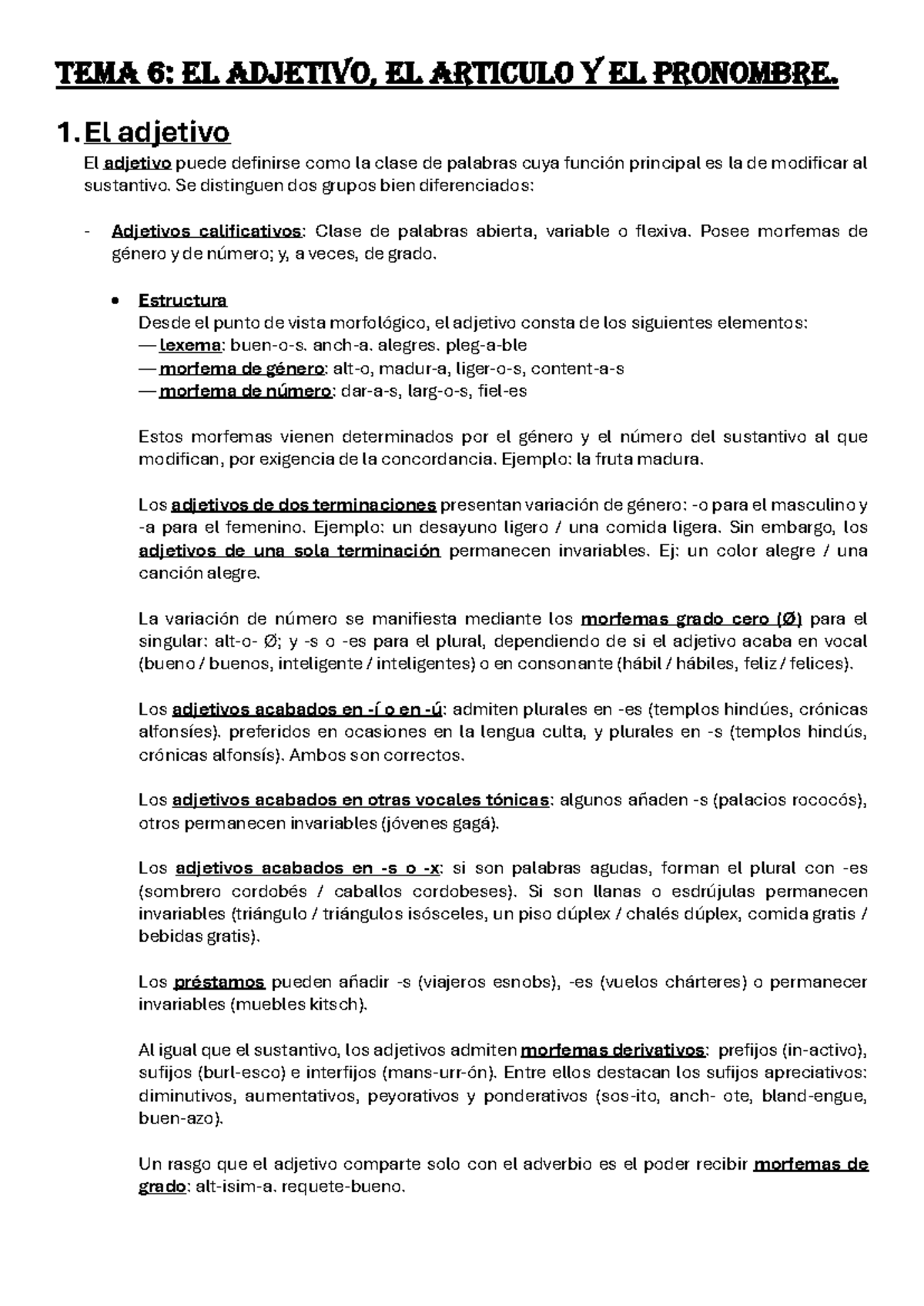 Tema 6 el adjetivo el articulo y el pronombre - 1. El adjetivo El ...