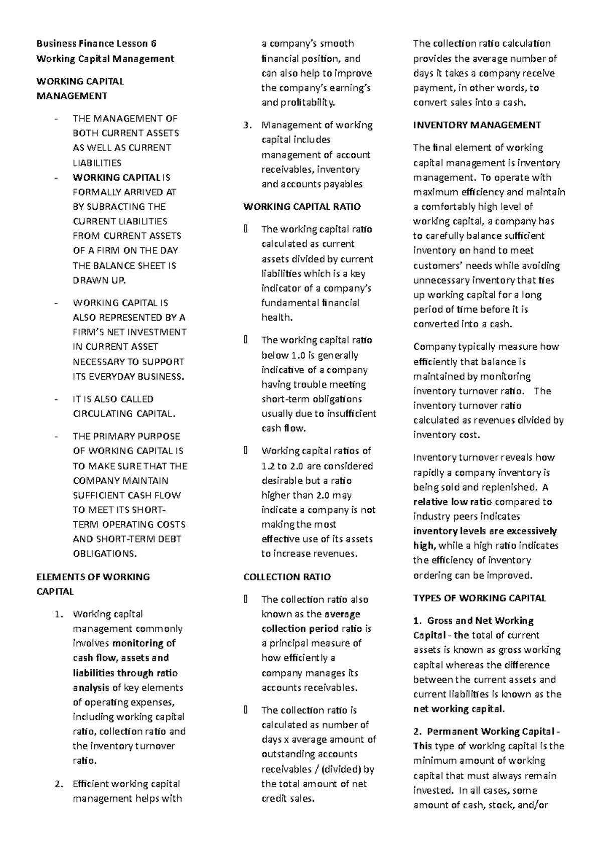 Business Finance Lesson 6 Working Capital Management - WORKING CAPITAL ...