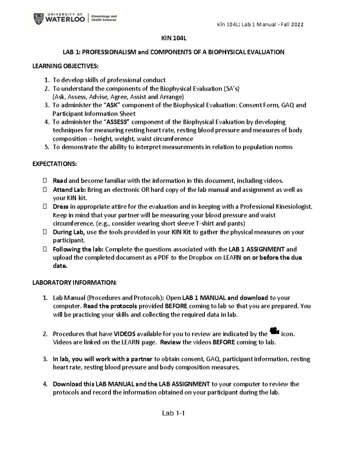 Lab 1 Biophysical Evaluation Manual F'22 - KIN 104L LAB 1: PROFESSIONALISM and COMPONENTS OF A ...