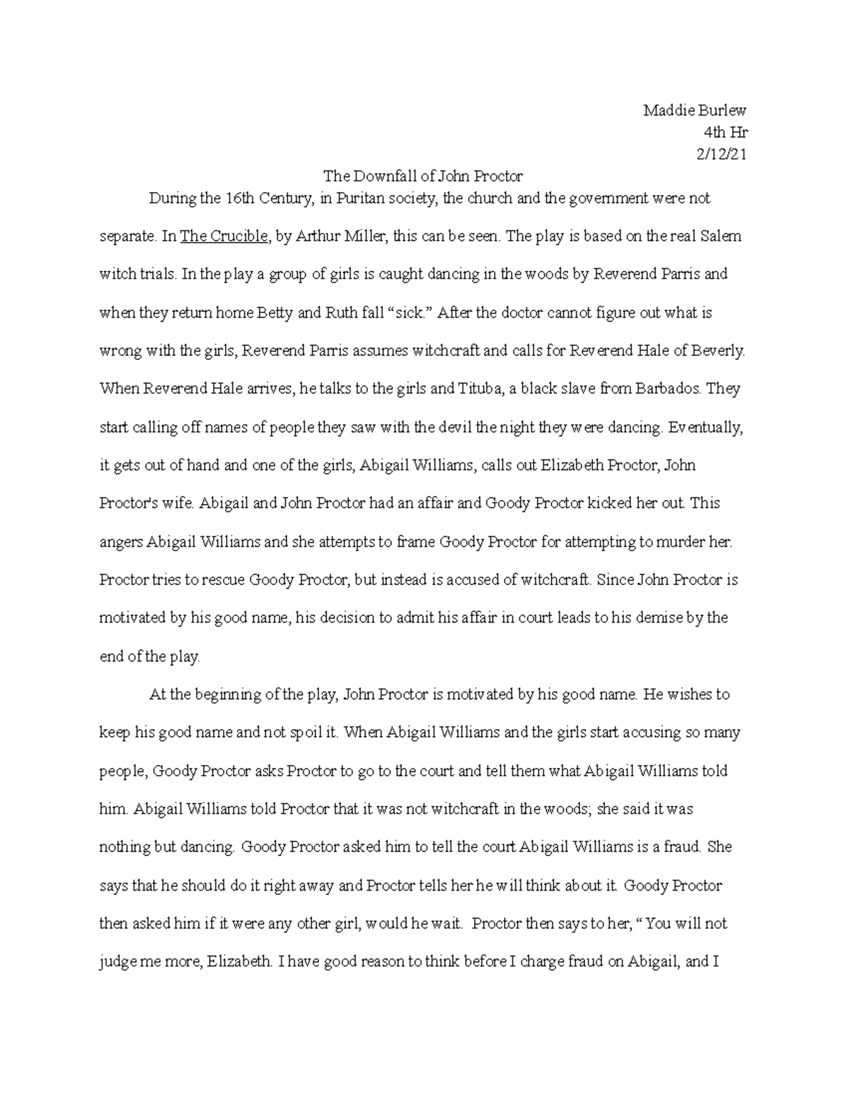Character Analysis Essay The Crucible - Maddie Burlew 4th Hr 2/12/ The ...