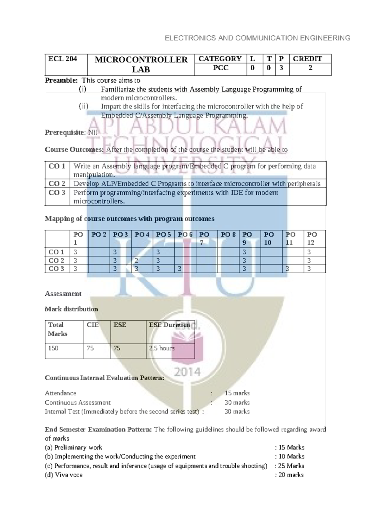 ECL204 - ktu qbank - ECL 204 MICROCONTROLLER LAB CATEGORY L T P CREDIT ...