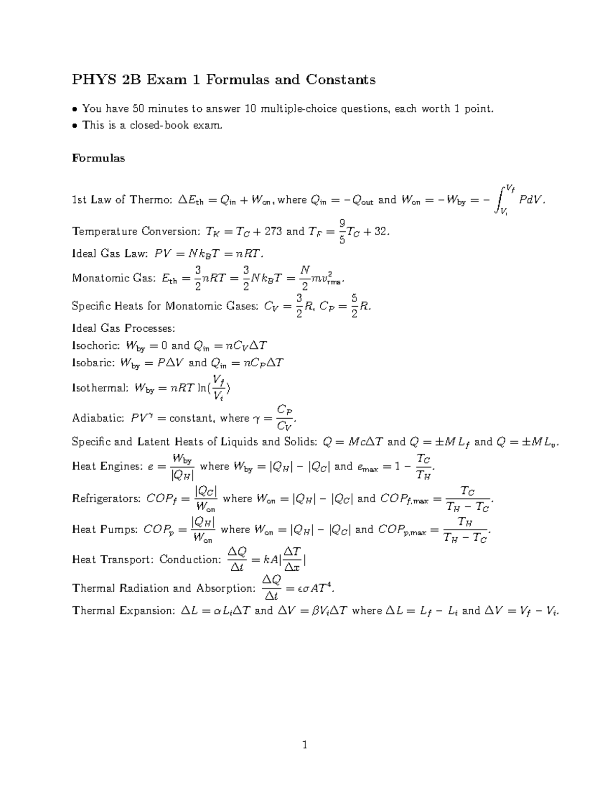 2BExam 1Formulas - lecture - PHYS 2B Exam 1 Formulas and Constants You ...