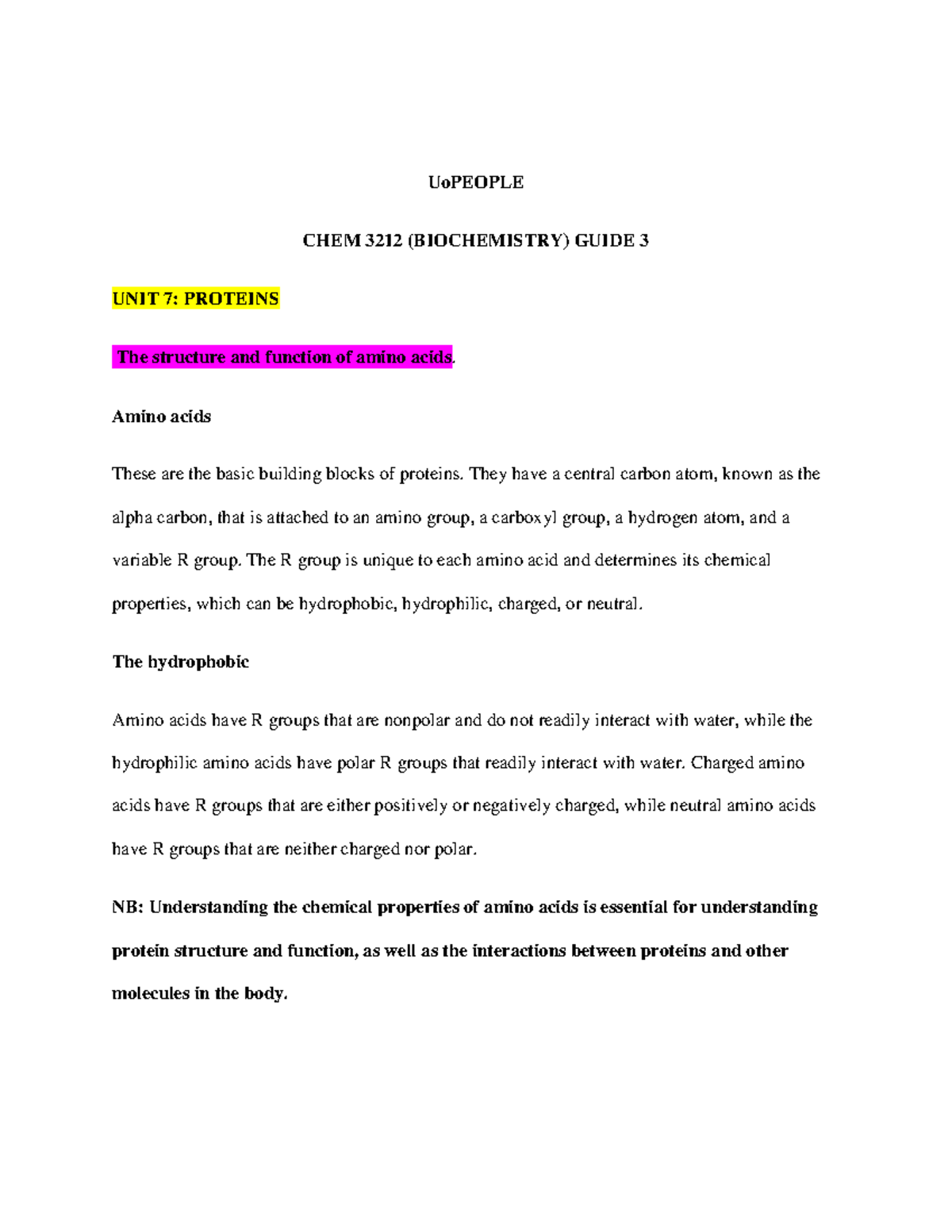 CHEM 3212 Study Guide 3 Final 3 - UoPEOPLE CHEM 3212 (BIOCHEMISTRY ...
