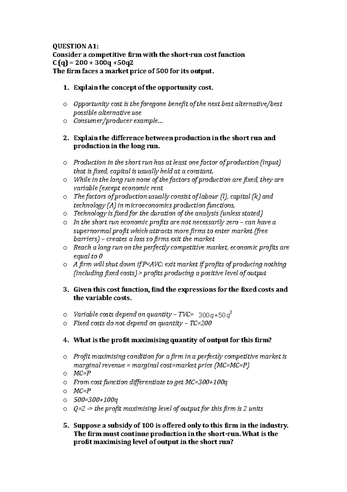 Sample/practice exam, questions and answers - QUESTION A1: Consider a ...