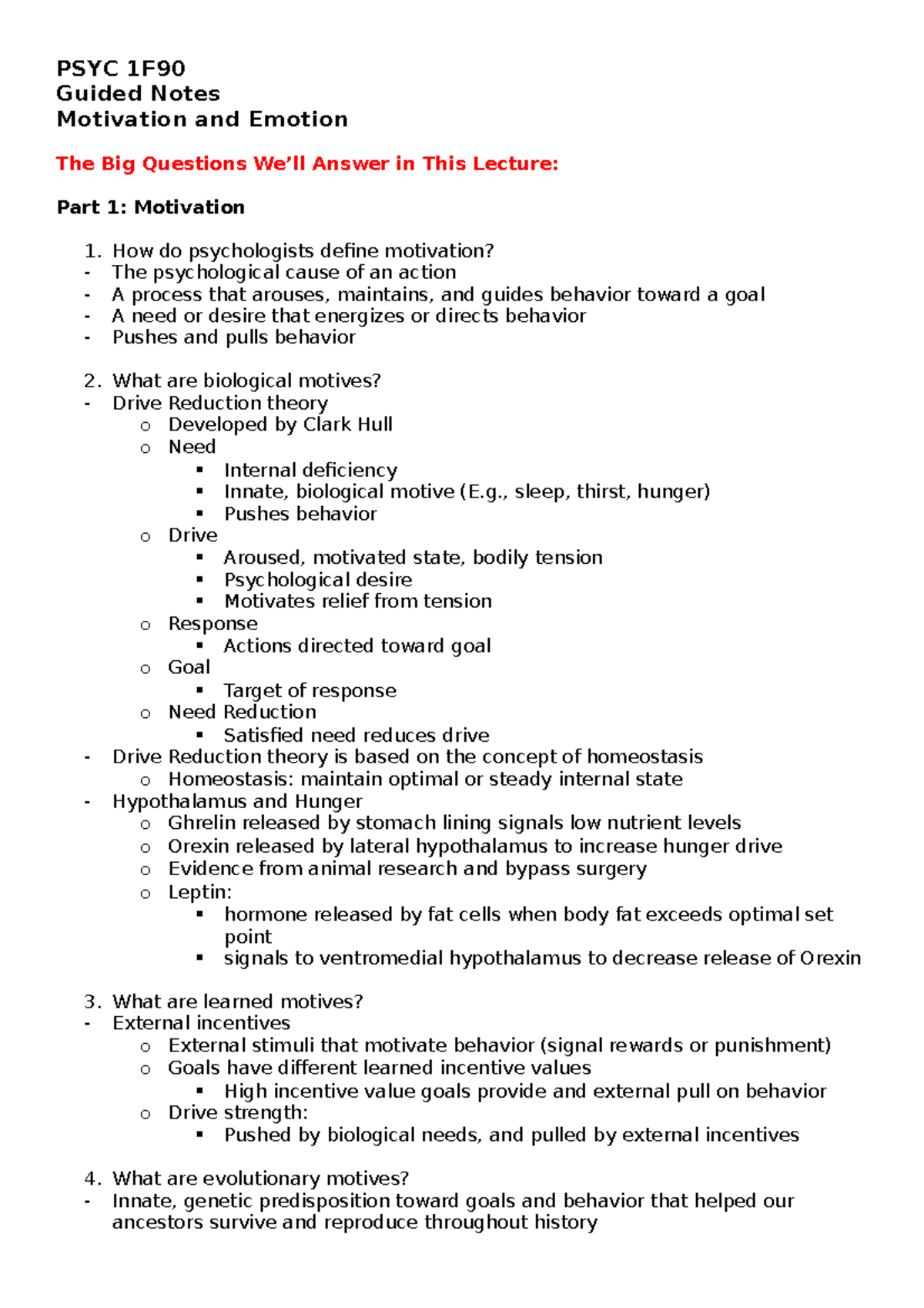 Motivation and Emotion - PSYC 1F Guided Notes Motivation and Emotion ...