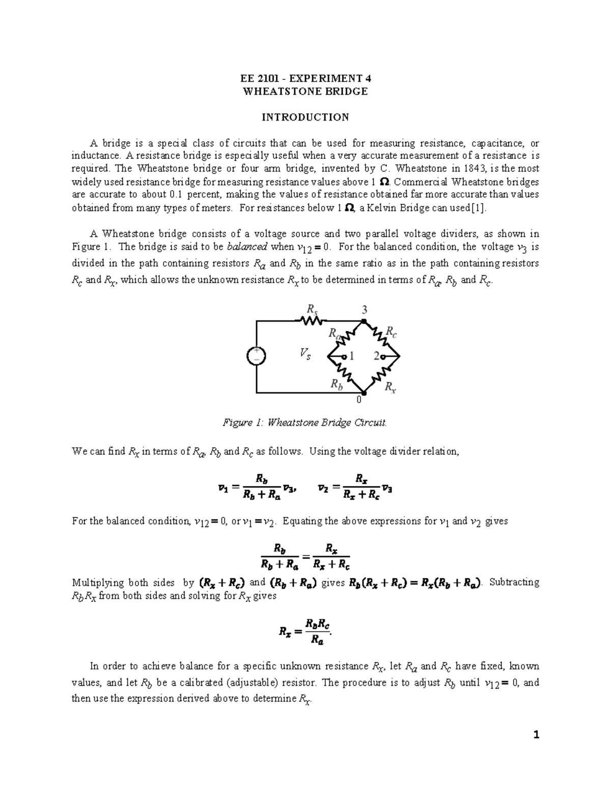 EE 2101 - Experiment 4 Wheatstone Bridge - EE 2101 - EXPERIMENT 4 ...