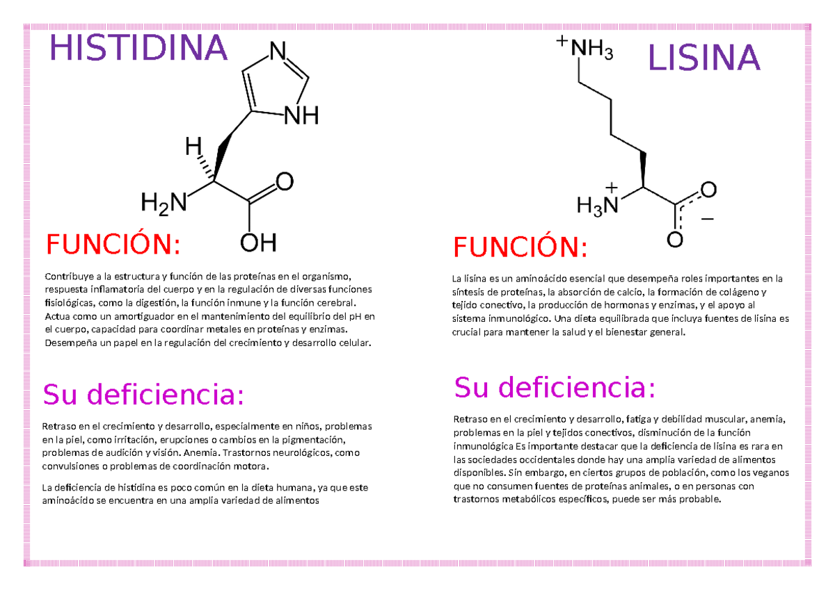 CATEDRAS DE 2020 A 2024 AMINOACIDOS - HISTIDINA LISINA FUNCIÓN ...