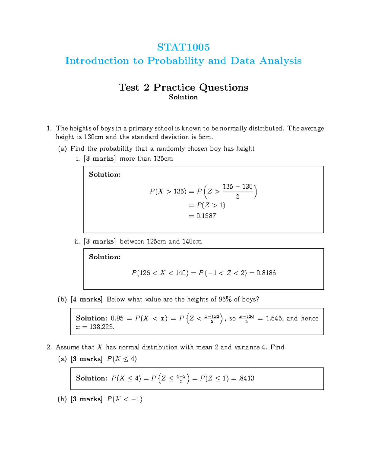 STAT1005 Test 2 Practice questions 2021 2 Solution - STAT Introduction ...
