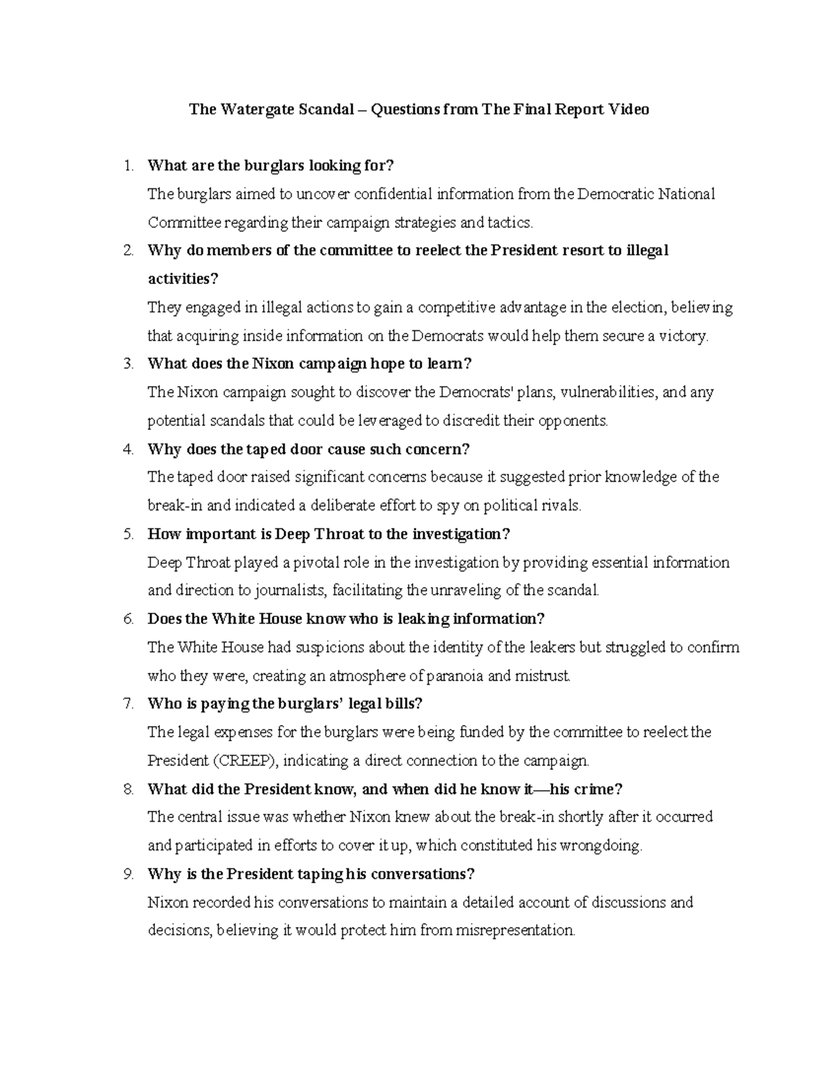 In Depth-In Class Watergate - The Watergate Scandal – Questions from ...