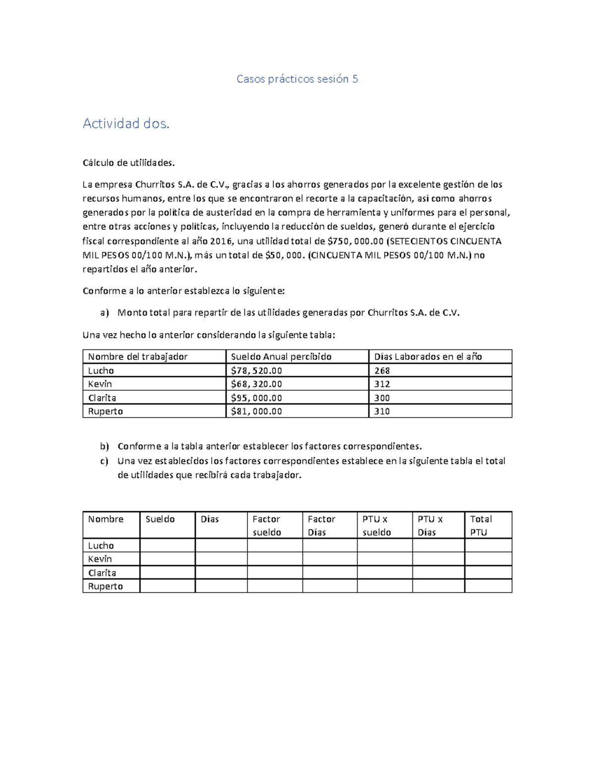 Casos prácticos sesión 5 - Casos pr·cticos sesiÛn 5 Actividad dos. C·lculo de utilidades. La ...