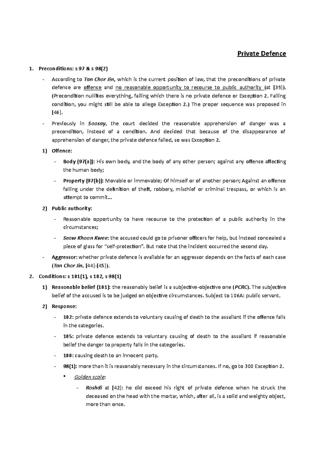 02 Private Defence - brief outlien - Private Defence 1. Preconditions ...