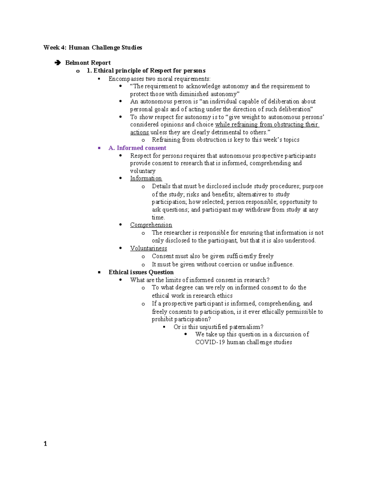 Week 4 Notes - Week 4: Human Challenge Studies Belmont Report o 1 ...