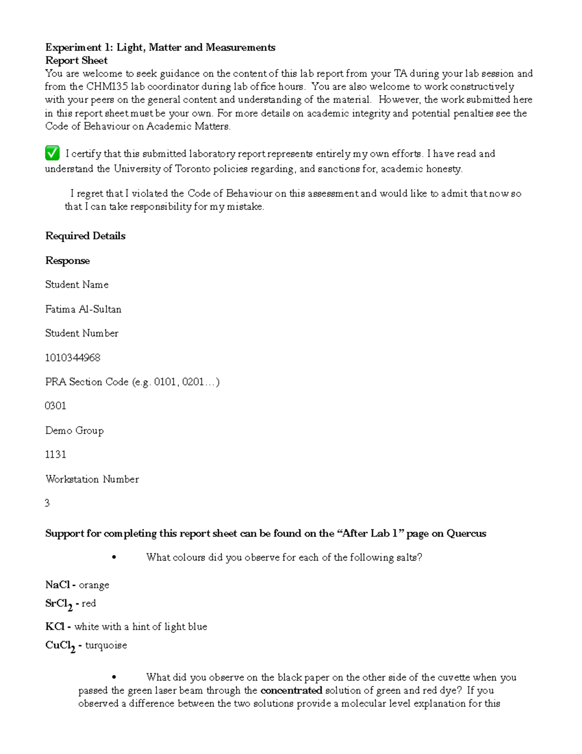 CHM135 Lab 1 Report Sheet - Experiment 1: Light, Matter and ...