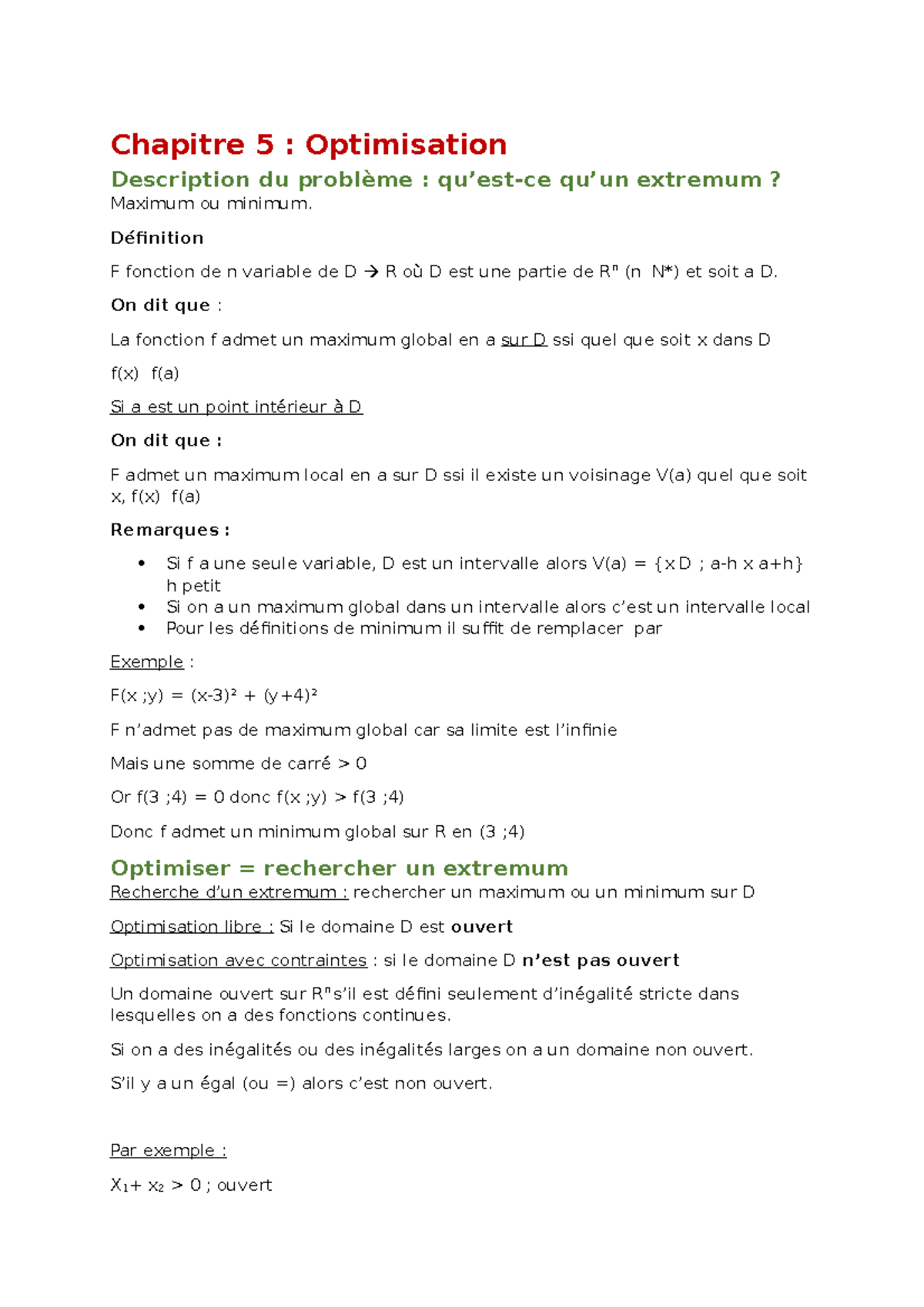 Chapitre 5 - Chapitre 5 : Optimisation Description du problème : qu’est-ce qu’un extremum ...
