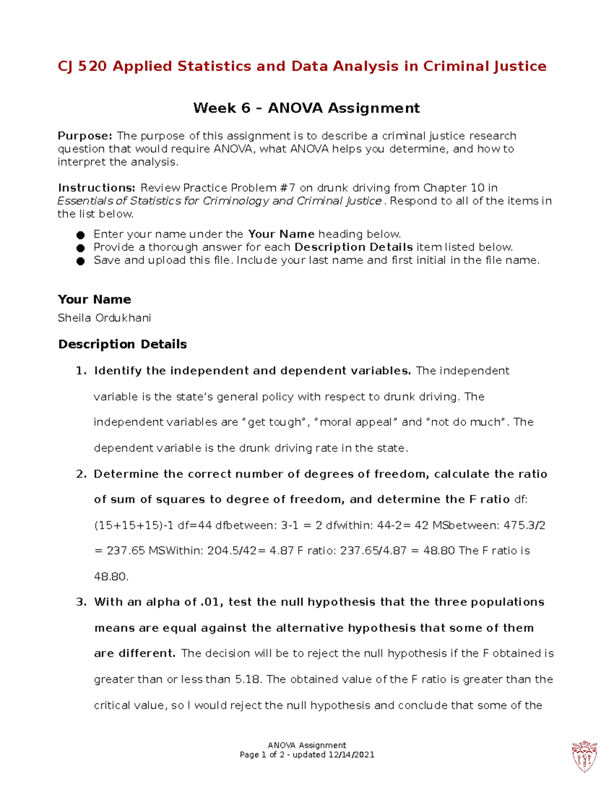 CJ 520 Week 6 Anova Assignment - CJ 520 Applied Statistics and Data Analysis in Criminal Justice ...