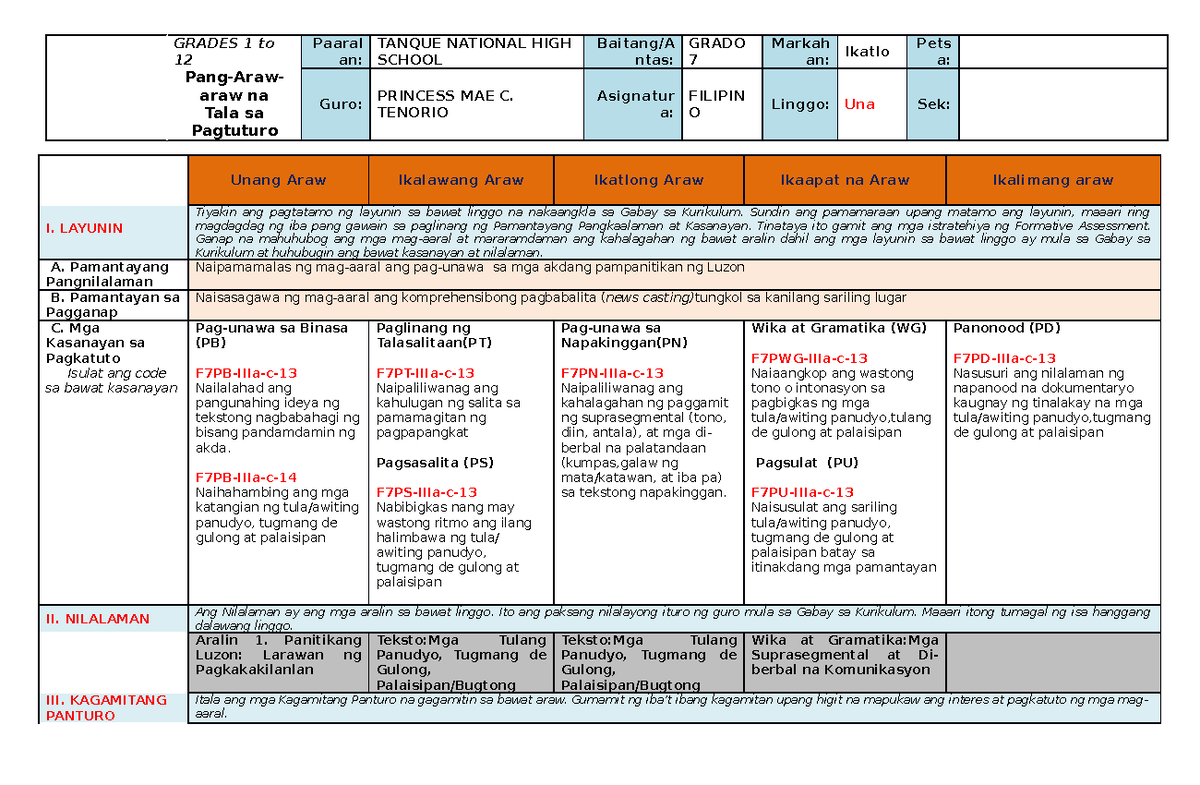 Aralin 3 - Daily Lesson Log sa Filipino 7 - GRADES 1 to 12 Pang-Araw ...