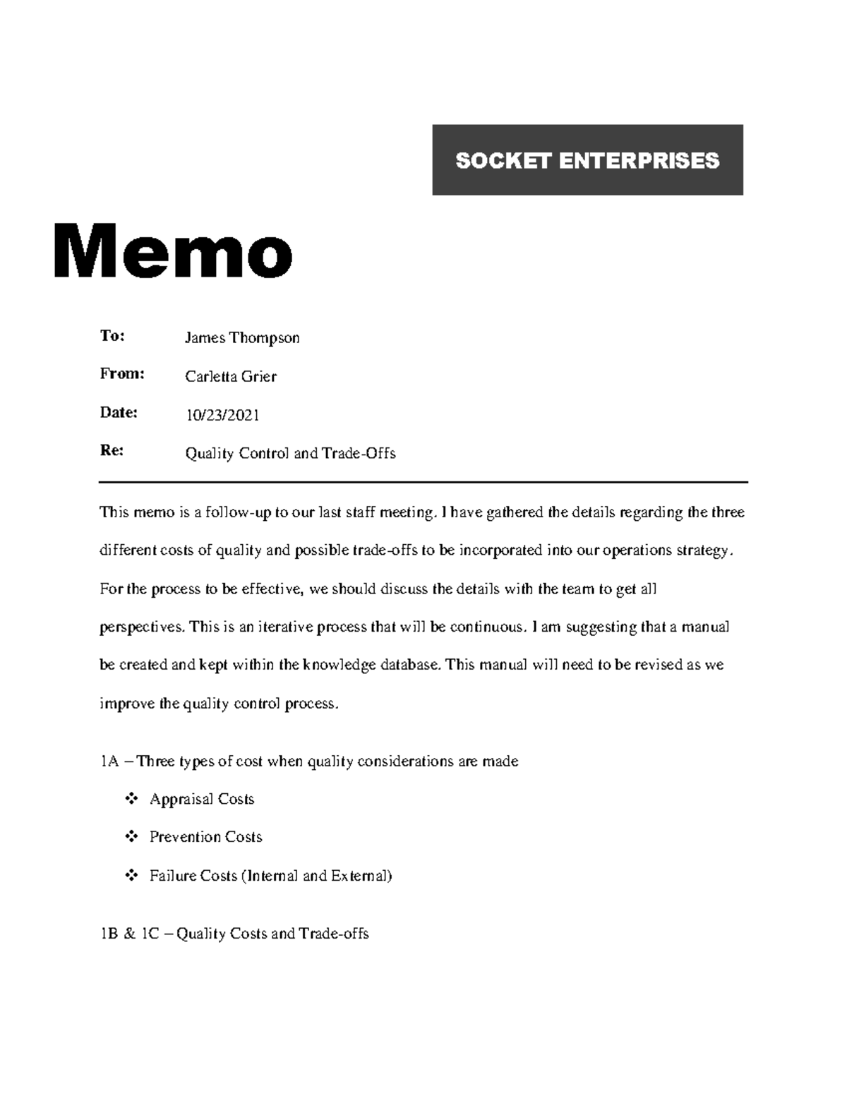QHT1 Task 1 Memo - Memo Passed First Attempt - SOCKET ENTERPRISES Memo ...