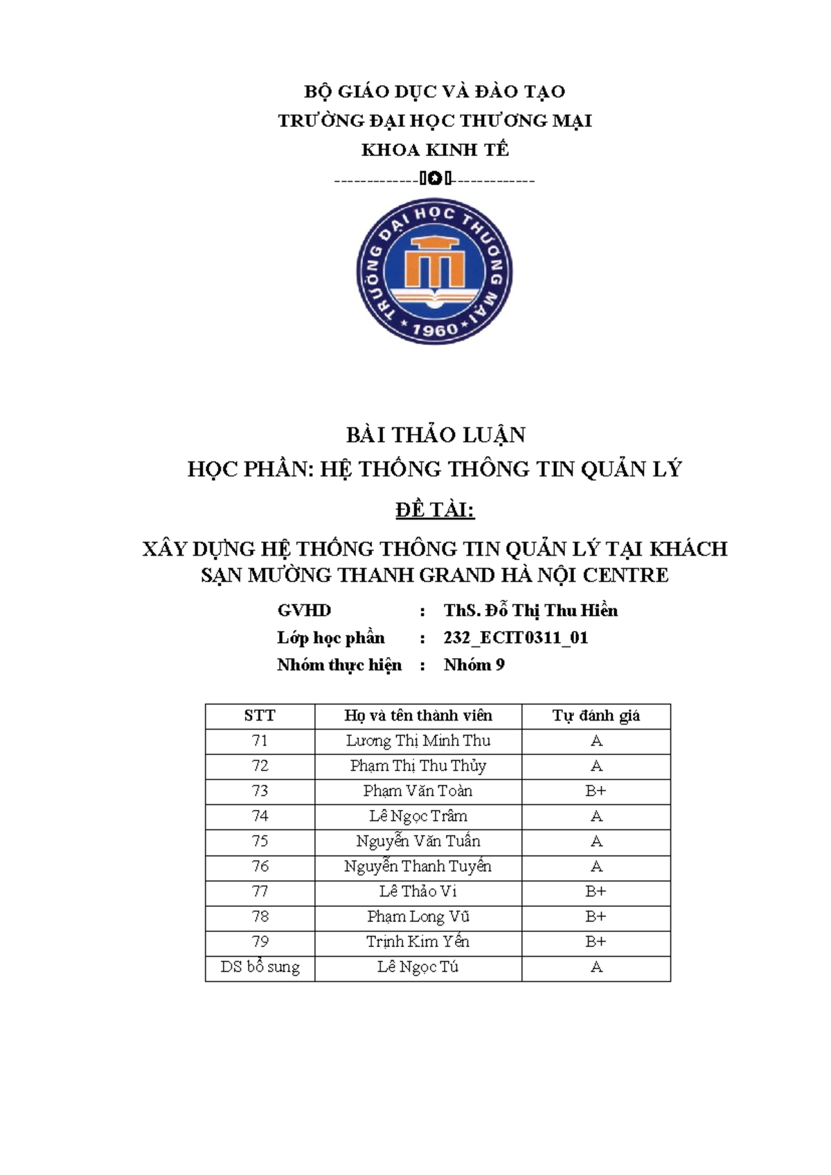 BTL Nhóm 9 Htttql - bTL HTTQL - BỘ GIÁO DỤC VÀ ĐÀO TẠO TRƯỜNG ĐẠI HỌC THƯƠNG MẠI KHOA KINH TẾ ...