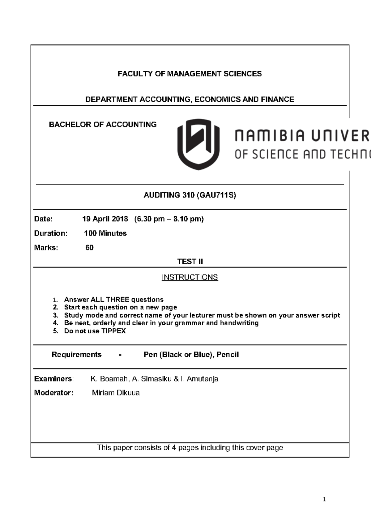 Auditing TEST II 2018-2 - Auditing 310 - NUST - Studocu