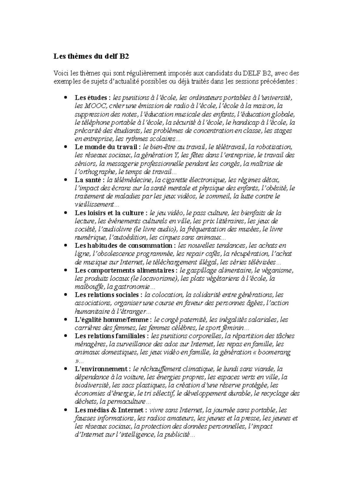 Les th 232 mes du delf B2 - Les exercises - Les thèmes du delf B Voici les thèmes qui sont - Studocu