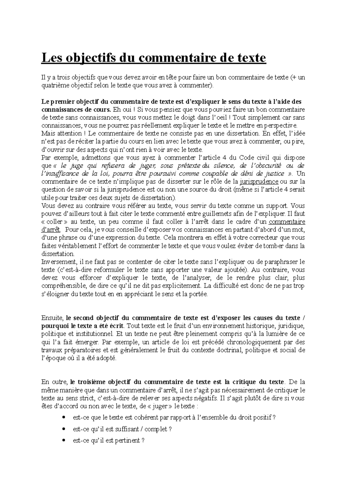 Les objectifs du commentaire de texte - Le premier objectif du ...