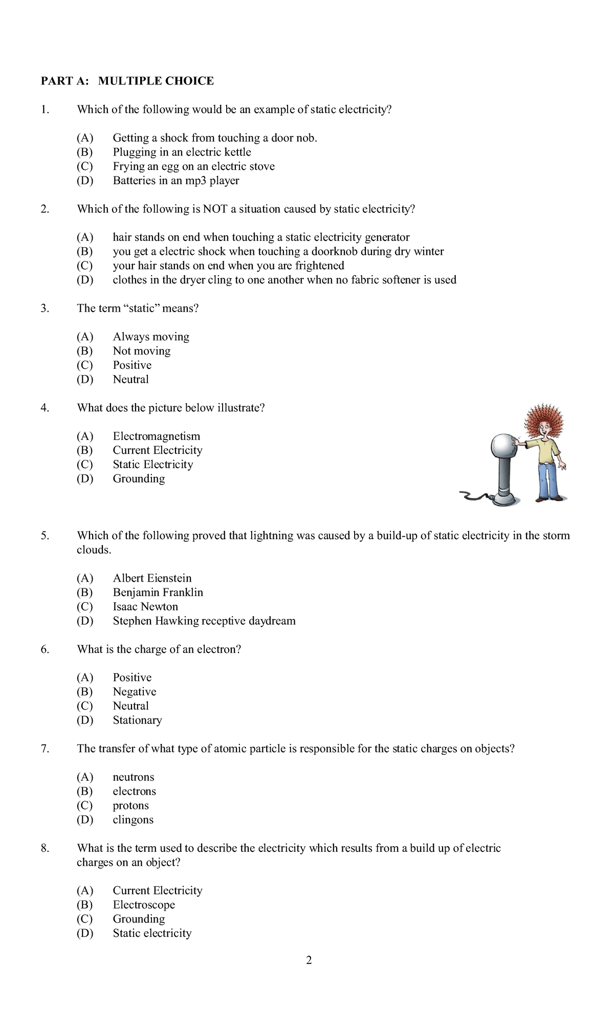 Static electricity hw - these are the notes - 2 PART A: MULTIPLE CHOICE ...