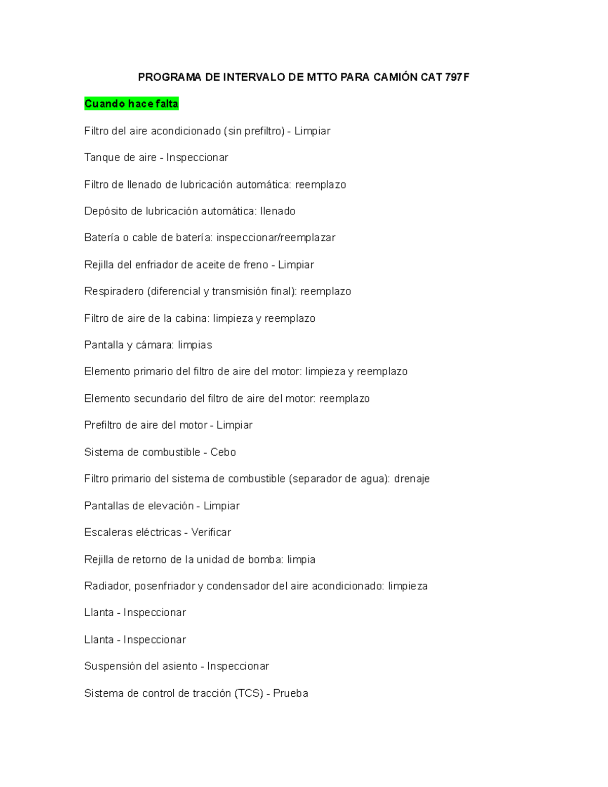 Programa DE Intervalo DE MTTO PARA Camión CAT 797F - PROGRAMA DE ...
