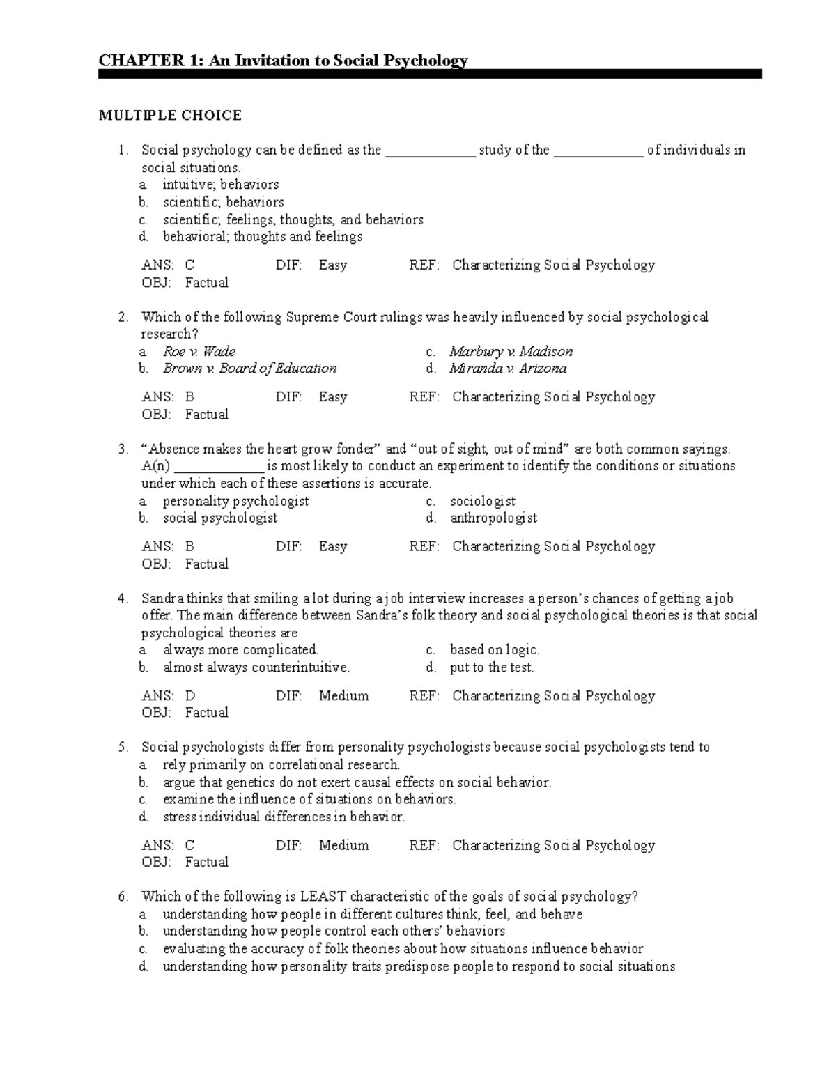 238224446 Sample Testbank Questions PSYB10 Social Psychology 3rd ...