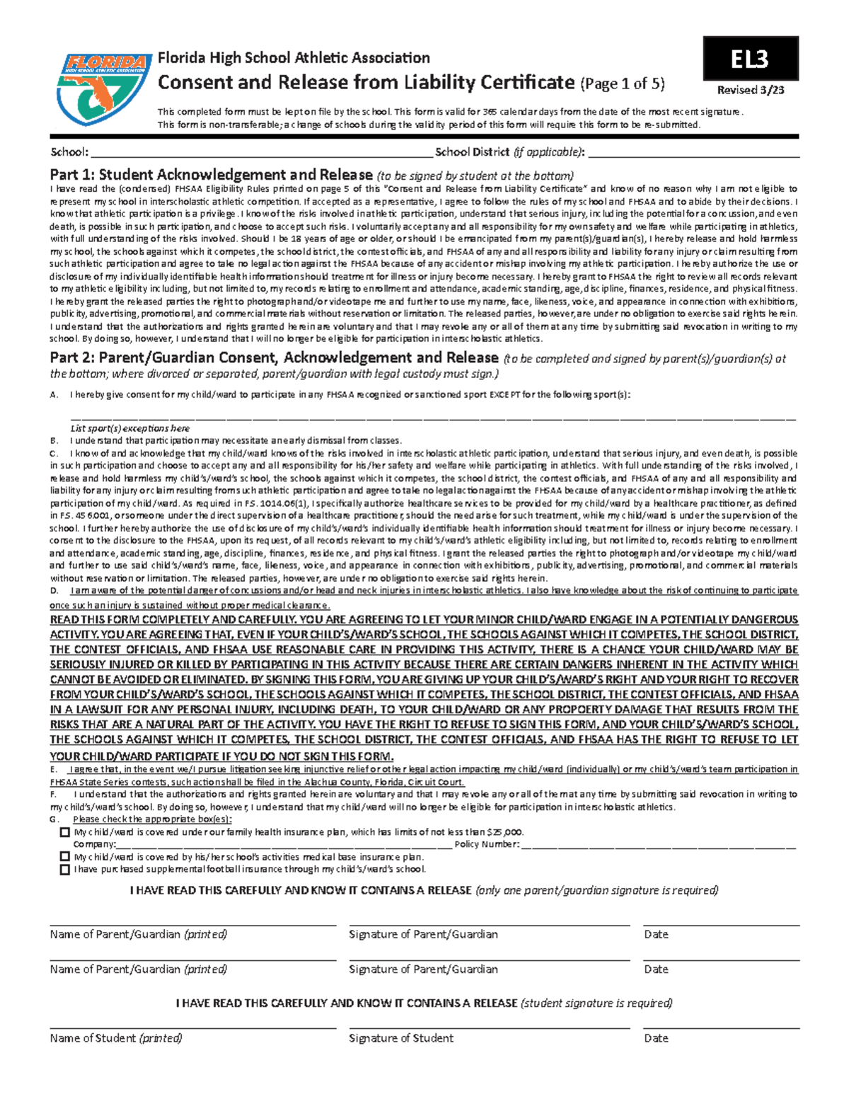 Fhsaa EL3 Form New - Unmanned shush sjaksnnsnsjsnsn - Consent and ...