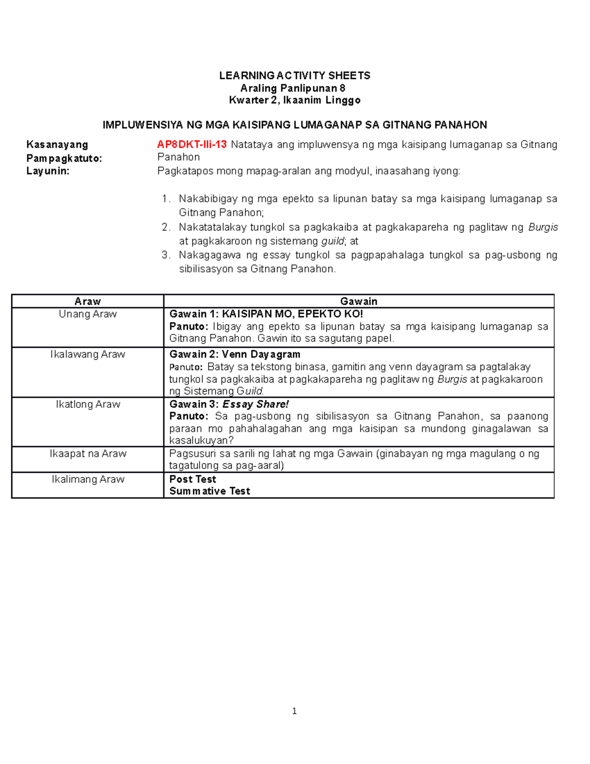 Araling Panlipunan 8 - 2Q - week 6 - LEARNING ACTIVITY SHEETS Araling ...