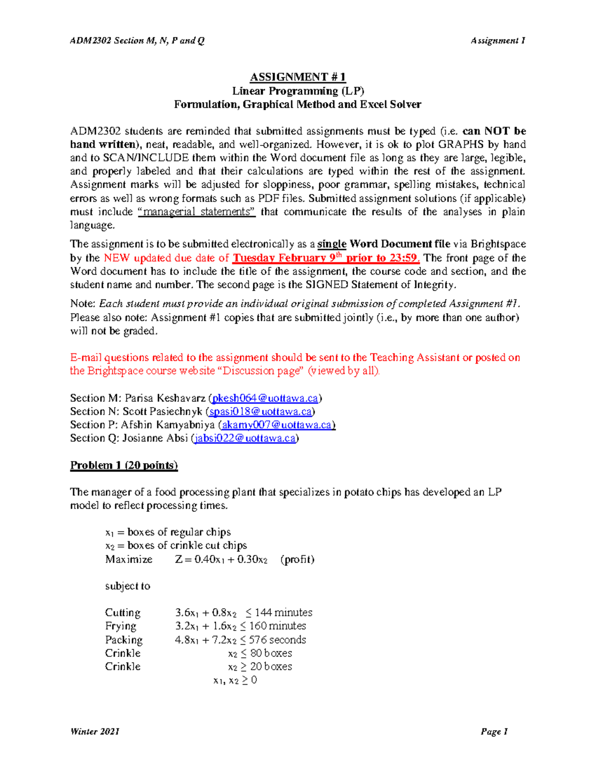 1. Assignment 1 W 2021 - ASSIGNMENT # 1 Linear Programming (LP) Formulation, Graphical Method ...
