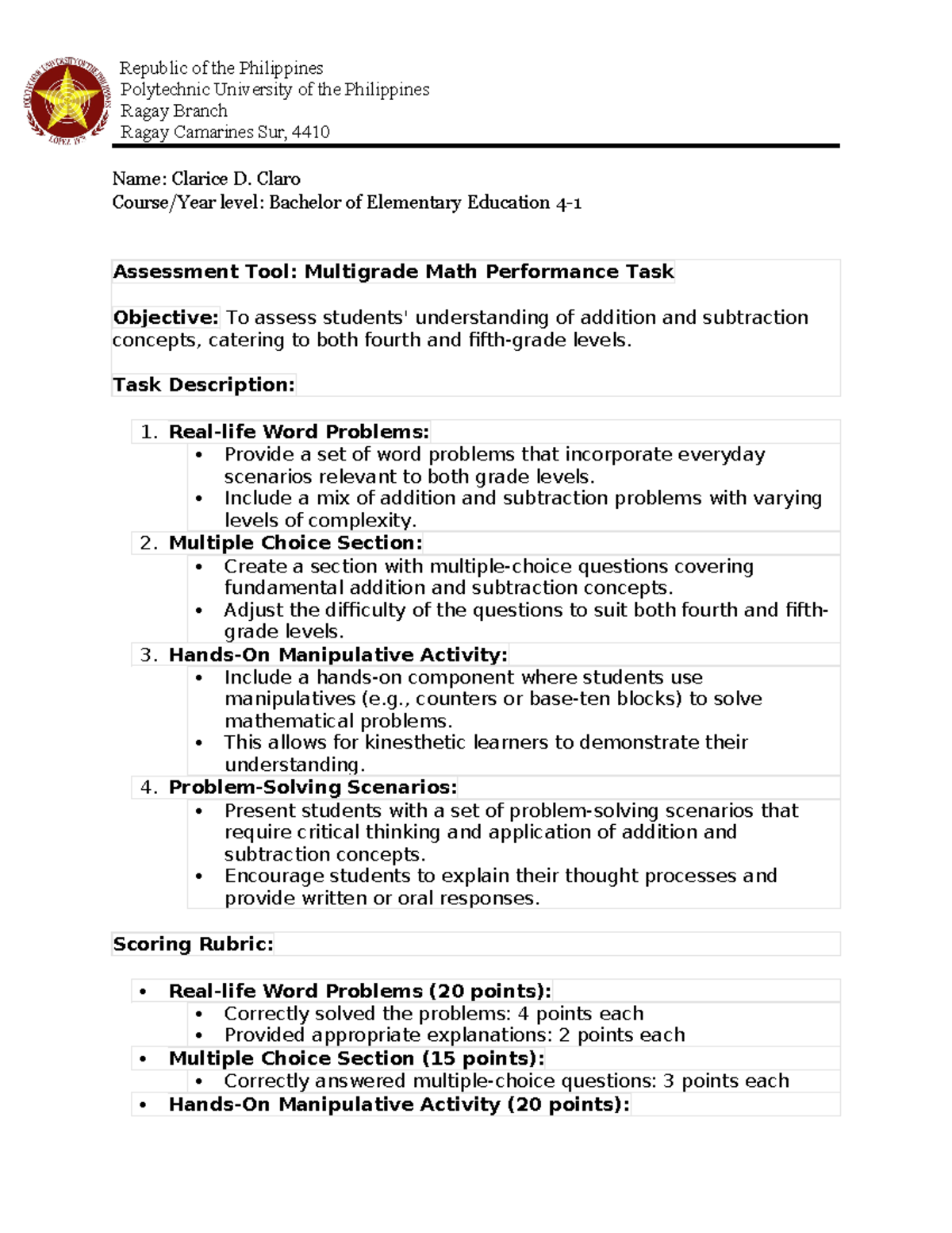 Assignment 4 - Republic of the Philippines Polytechnic University of ...