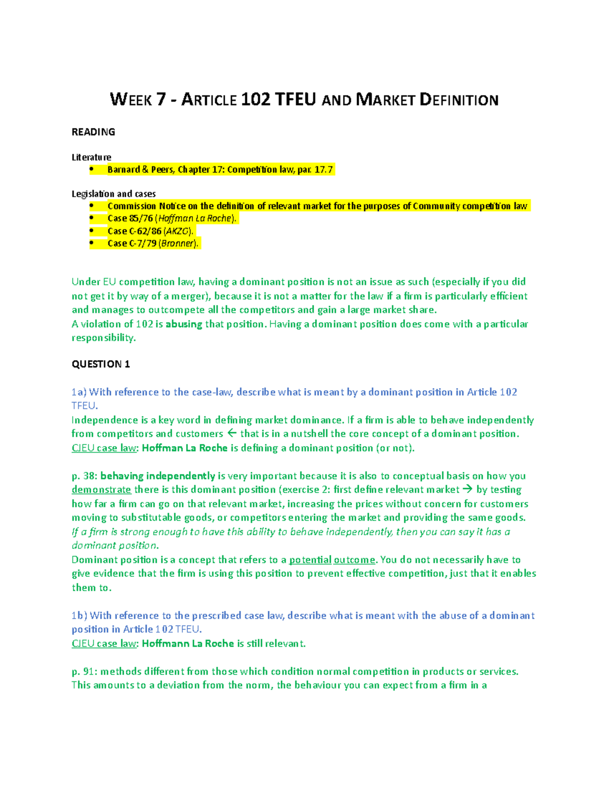 Week 7 Art 102 TFEU WEEK 7 ARTICLE 102 TFEU AND MARKET DEFINITION