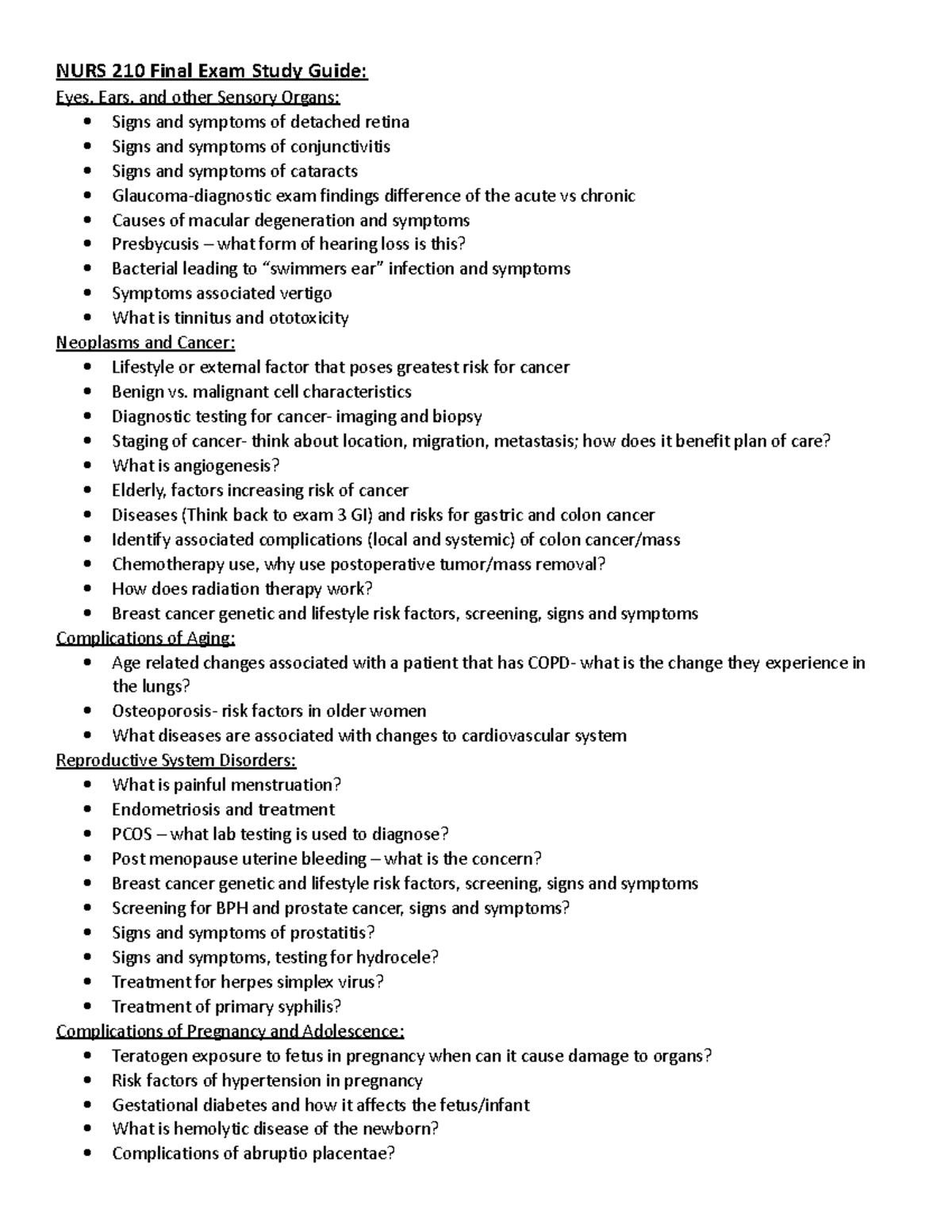 Final Exam Study Guide - Nursing Notes - NURS 210 Final Exam Study ...