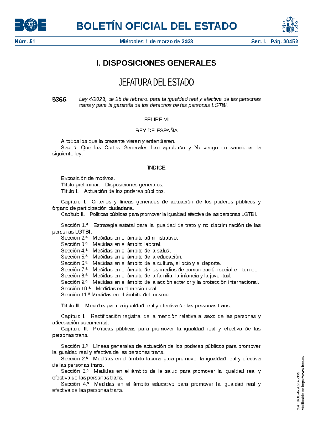 LEY 4 2023 LEY Trans Y Lgtbi - I. DISPOSICIONES GENERALES JEFATURA DEL ...