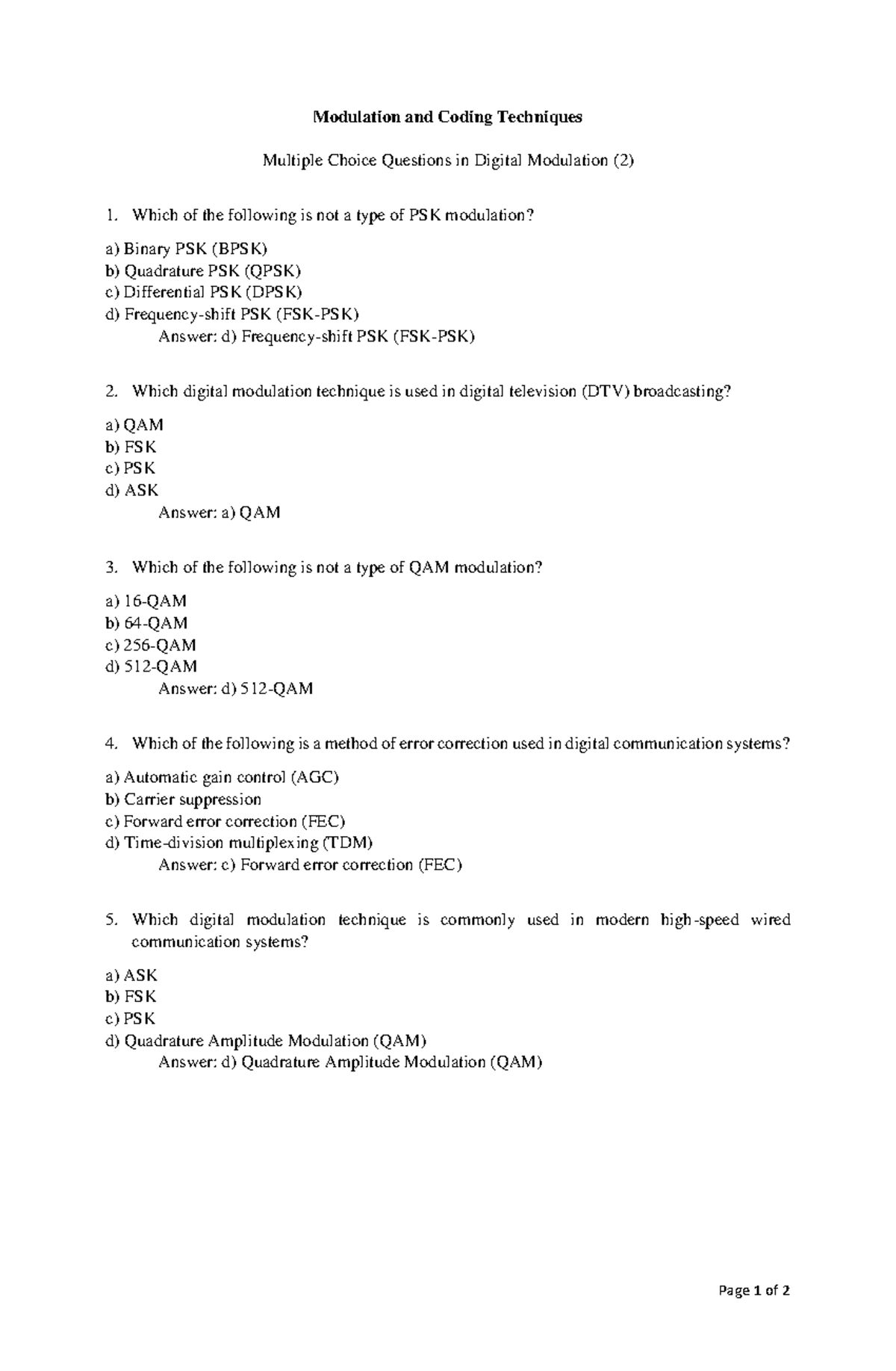 MCQ in Digital Modulation (2) - Page 1 of 2 Modulation and Coding Techniques Multiple Choice ...