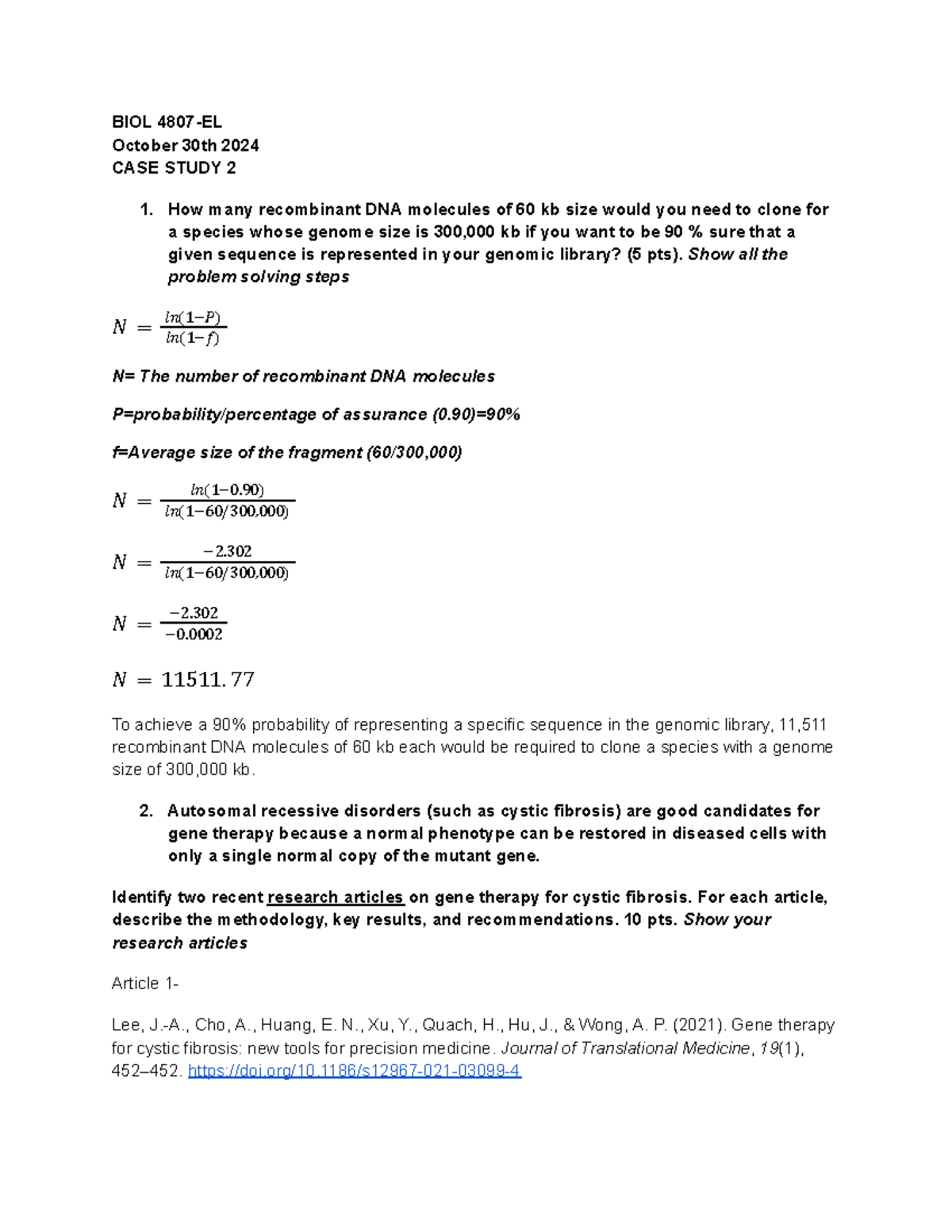 Genetics Case Study 2 - BIOL 4807-EL October 30th 2024 CASE STUDY 2 1 ...