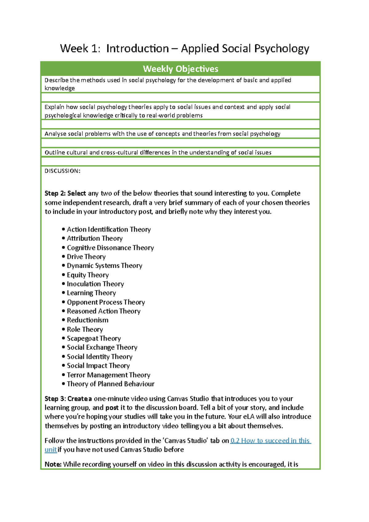 PSY30014 - Weekly Objectives and Course Notes - Week 1: Introduction ...