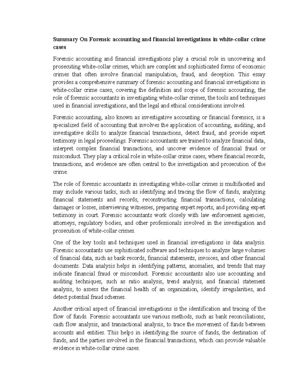 Summary On Forensic accounting and financial investigations in white ...
