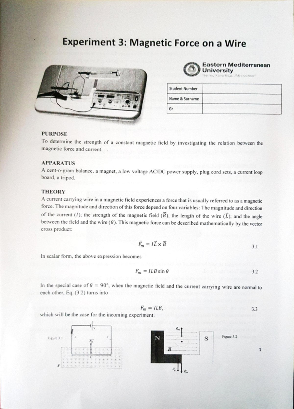 Phys102 Experiment 4 Magnetic force on a wire - Experiment 3: Magnetic ...