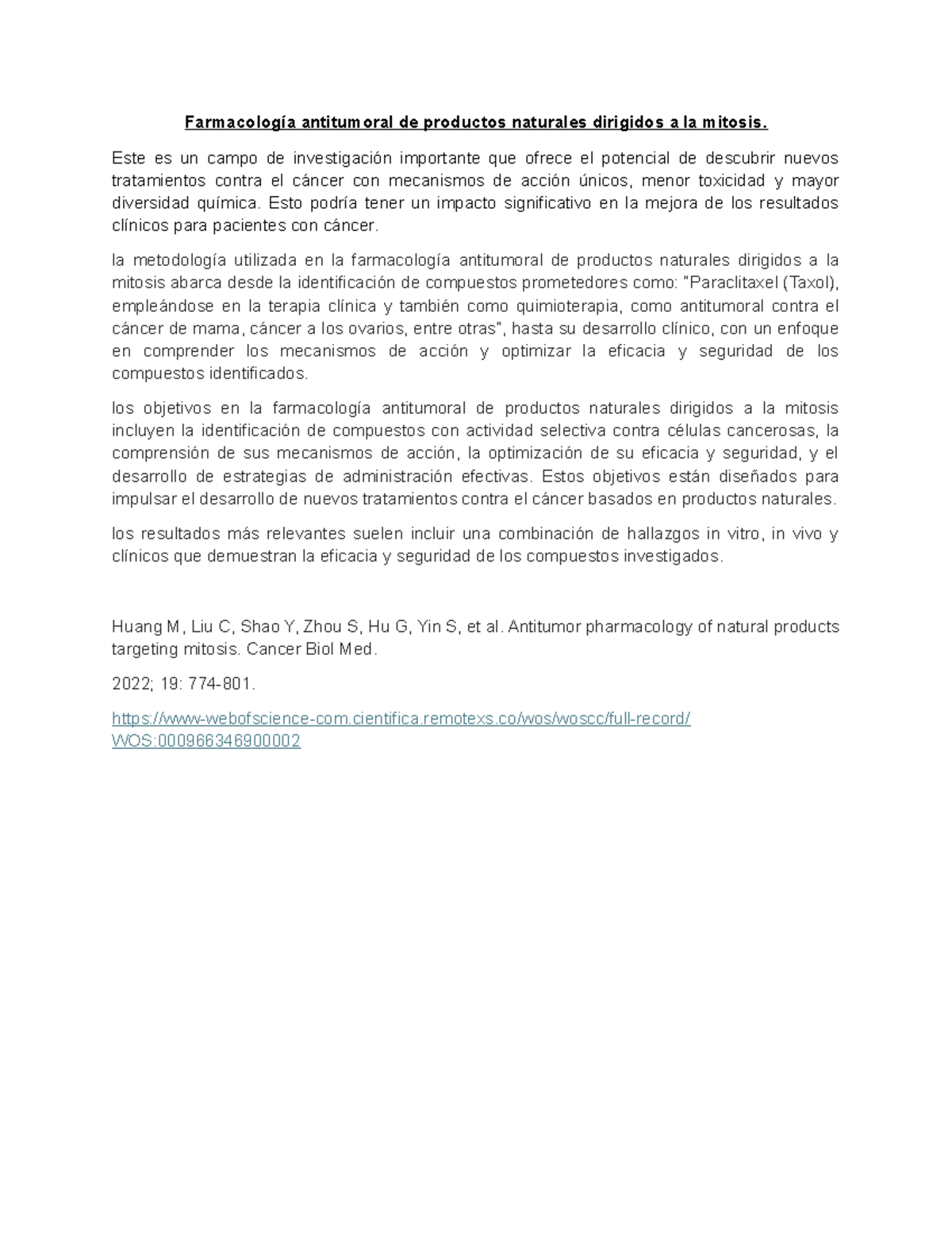 Resumen web of science 1 - Farmacología antitumoral de productos ...