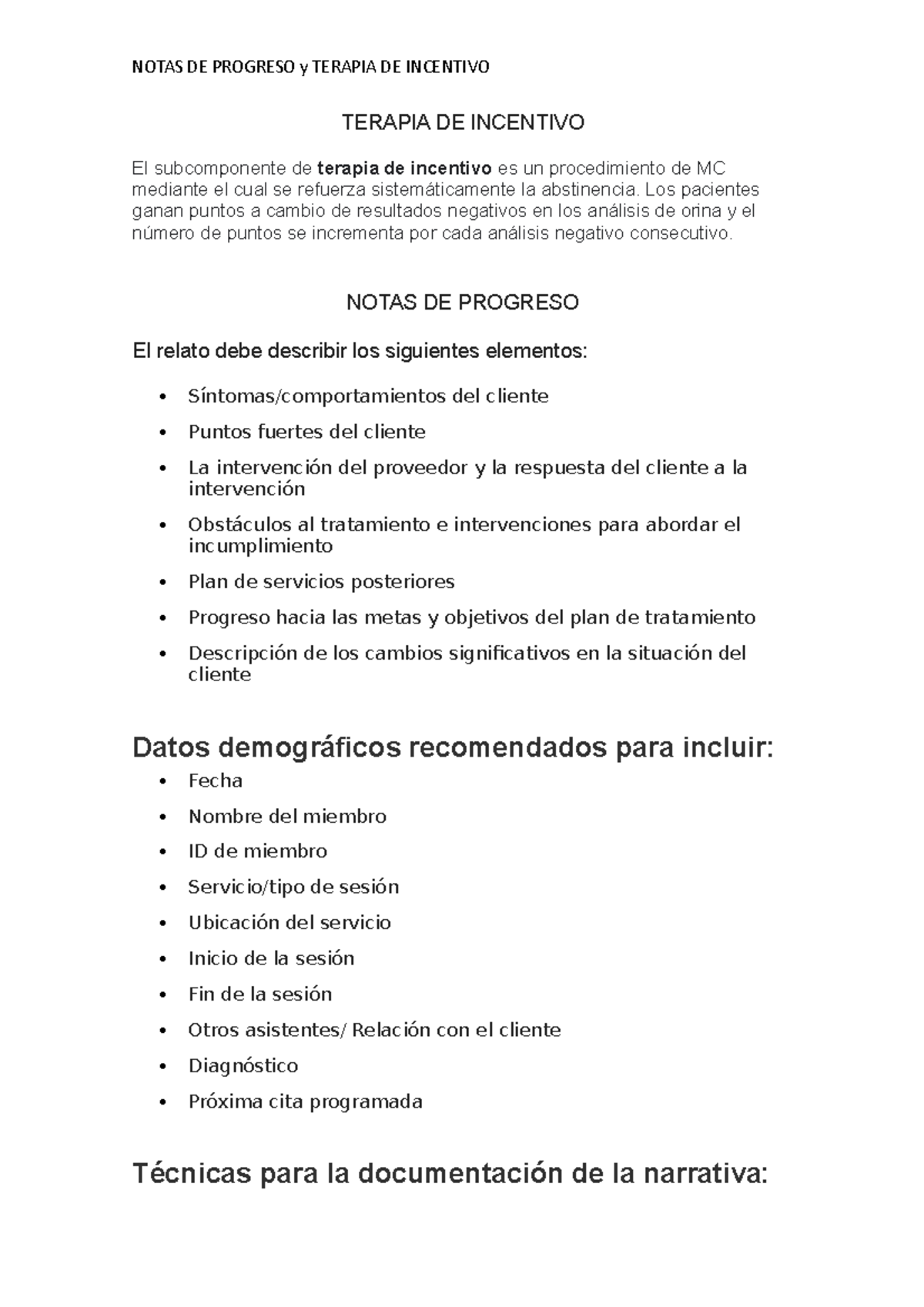Terapia DE Incentivo Y Notas DE Progreso - NOTAS DE PROGRESO y TERAPIA ...