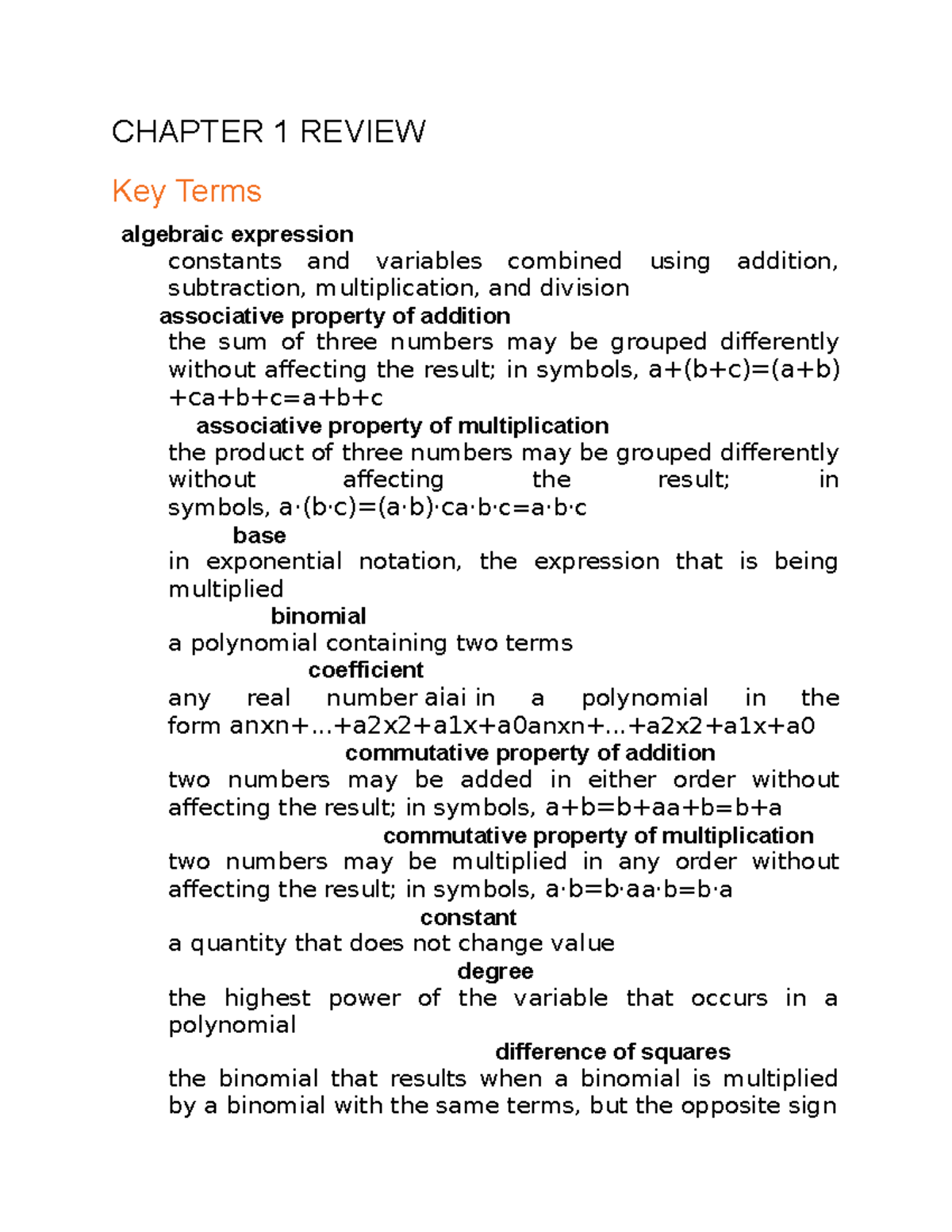 Chapter 1 Prerequisites - CHAPTER 1 REVIEW Key Terms algebraic ...