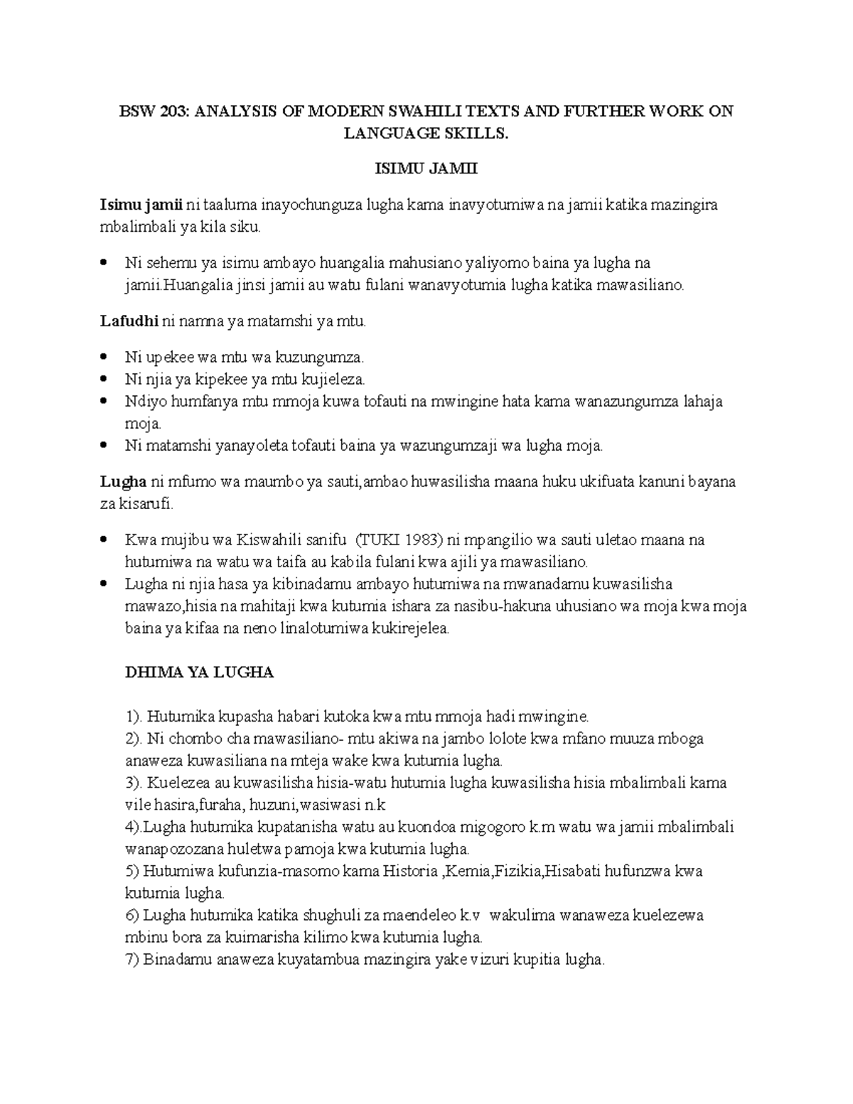 BSW 203 Kiswahili Notes - BSW 203: ANALYSIS OF MODERN SWAHILI TEXTS AND ...